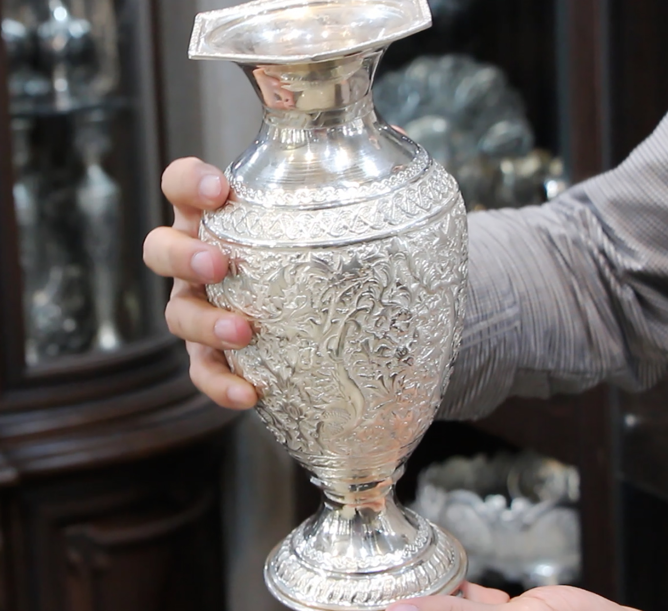 Two Flower Pot - Iranian Hand Engraved (Ghalamzani) on Silver | Taha Handicraft Shop